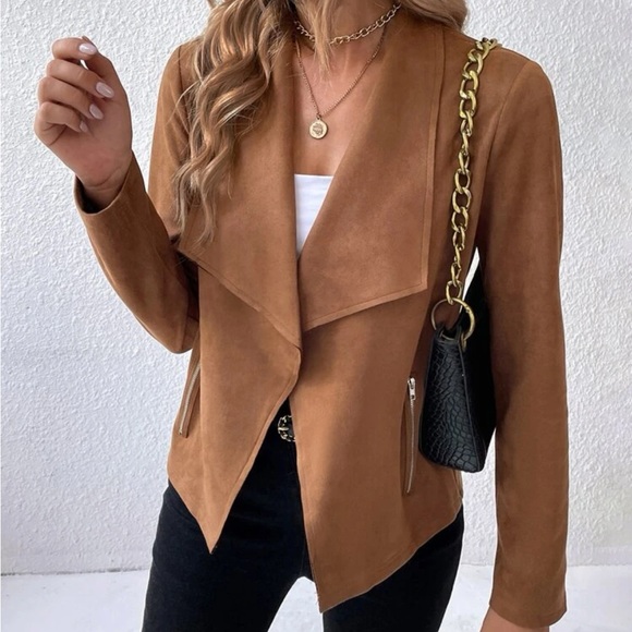 Avery Reigns | Tops | Waterfall Collar Open Front Vegan Suede Jacket ...